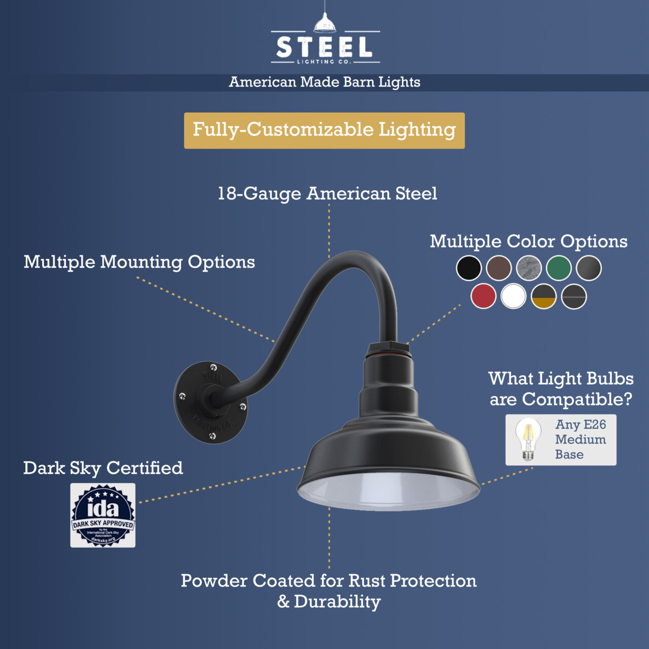 Hawthorne Steel Dome Light | Straight Arm or Gooseneck Mounting Style